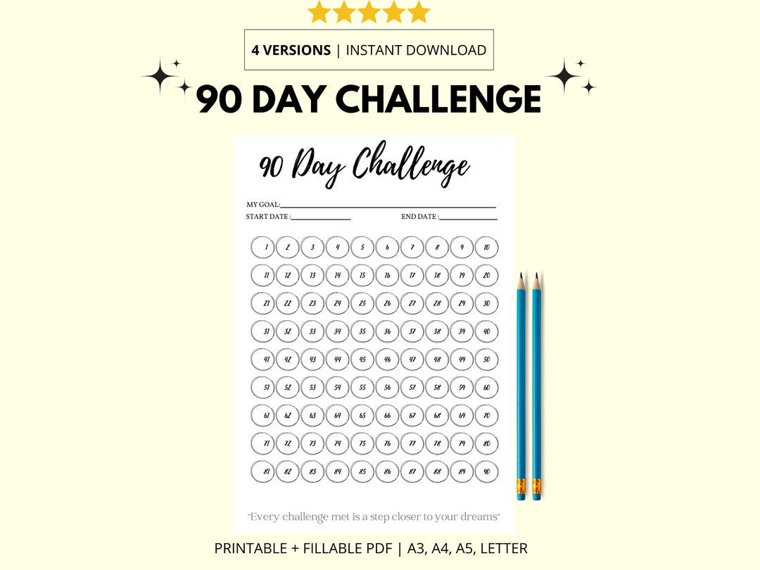 90 Day Challenge Printable Portrait, Goal Setting, Progress Tracker ...