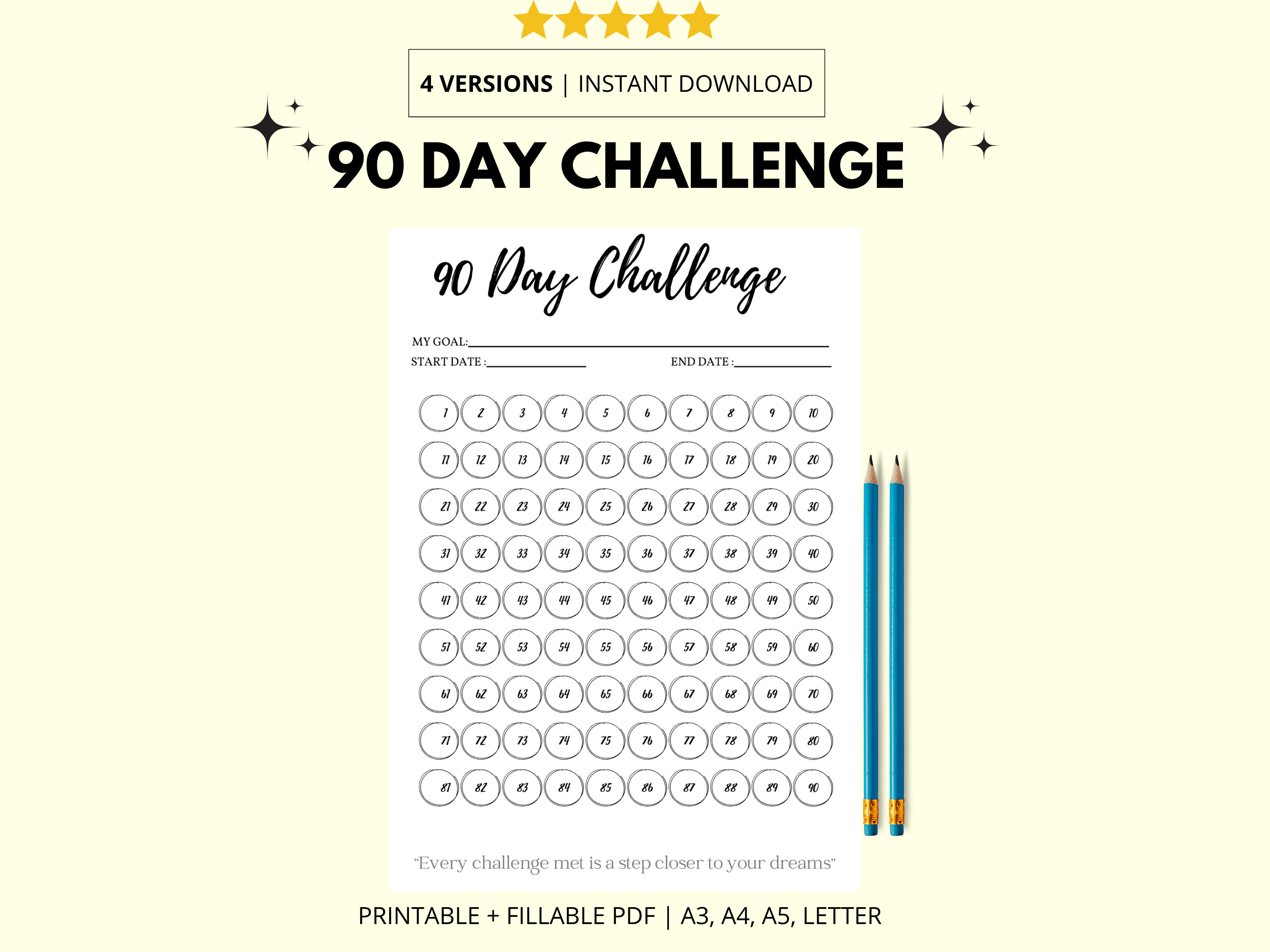 90 Day Challenge Printable Portrait, Goal Setting, Progress Tracker, Habit Forming, Habit ...