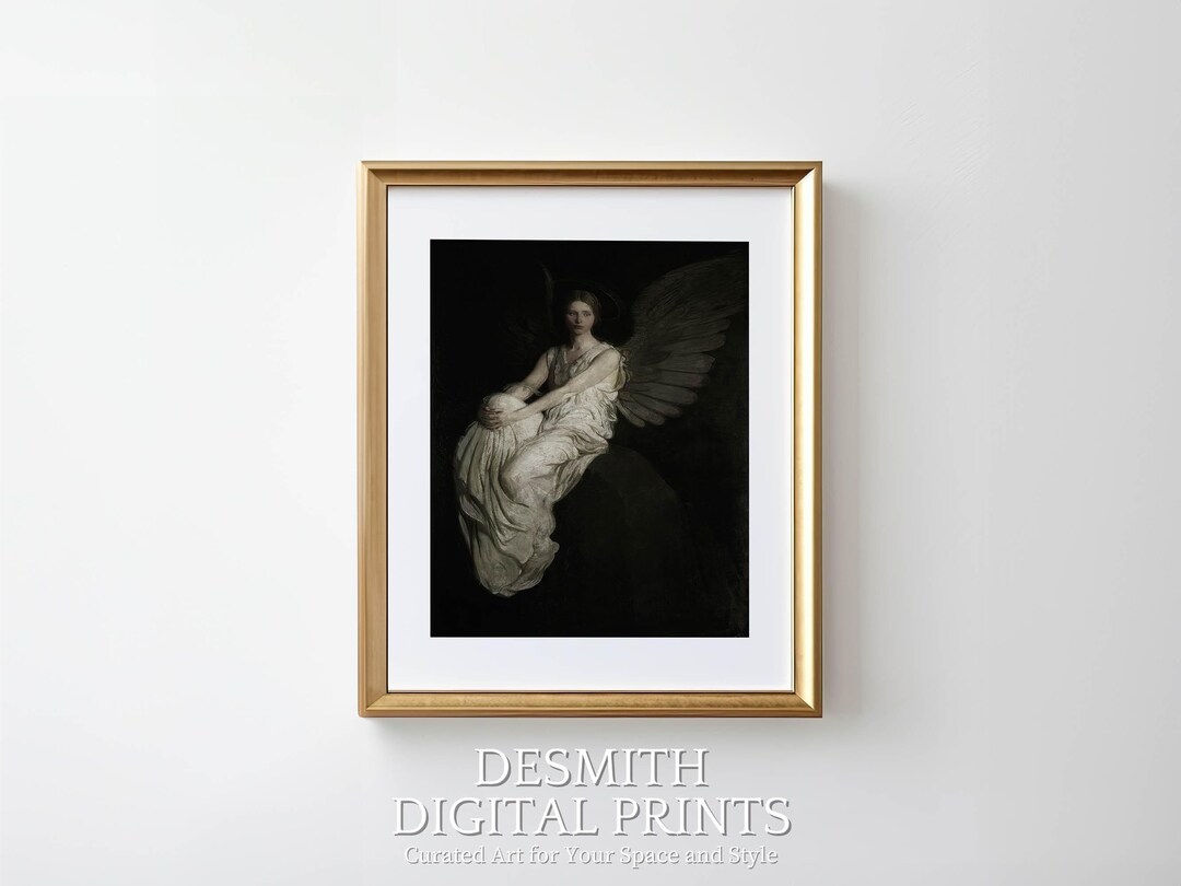 Vintage Moody Angel Oil Portrait Wall Print, Antique Angel Decor, Earth ...