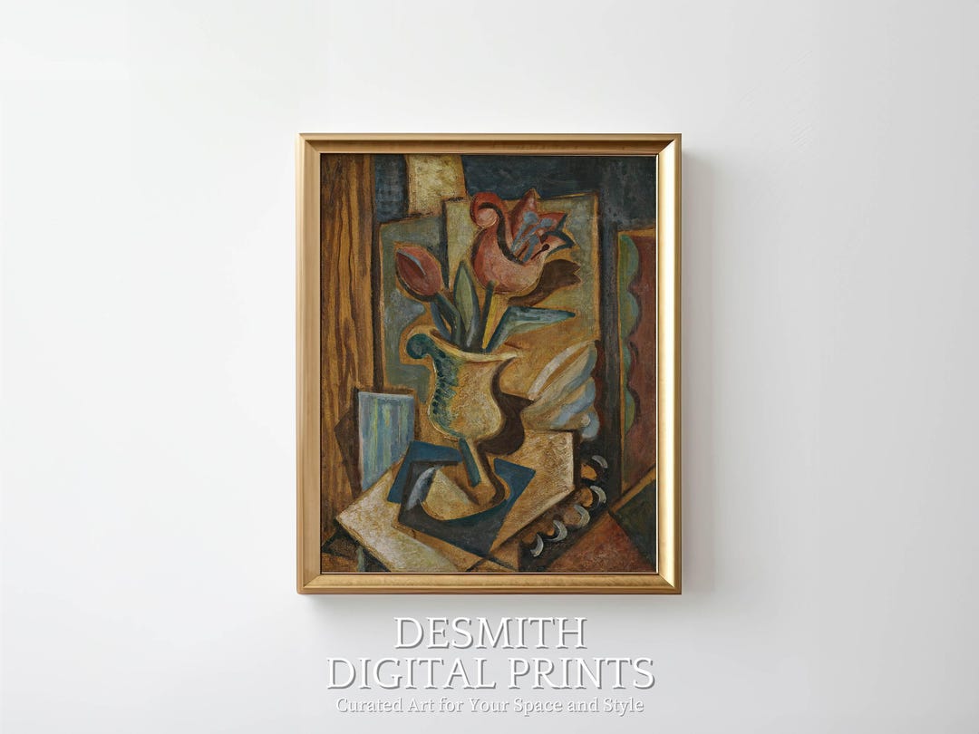 Cubist Still Life Floral Art Print, Vintage Vase With Flowers, Modern ...