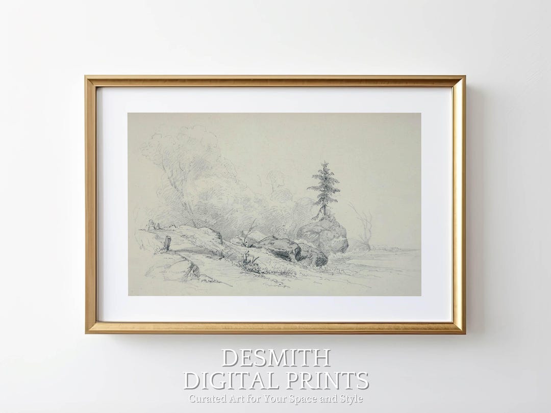 Vintage Landscape Drawing, Antique Rustic Tree Print, Antique Drawing ...