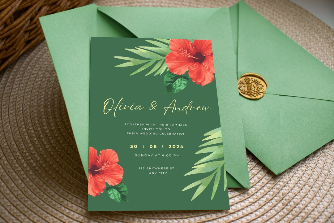 Hawaii Wedding Invitation Template With Hibiscus Flowers - Etsy