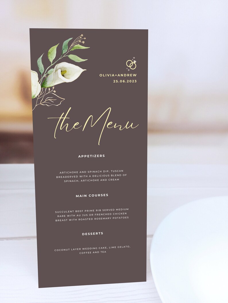Brown and White Wedding Buffet Menu Template With Calla Lily Watercolor ...