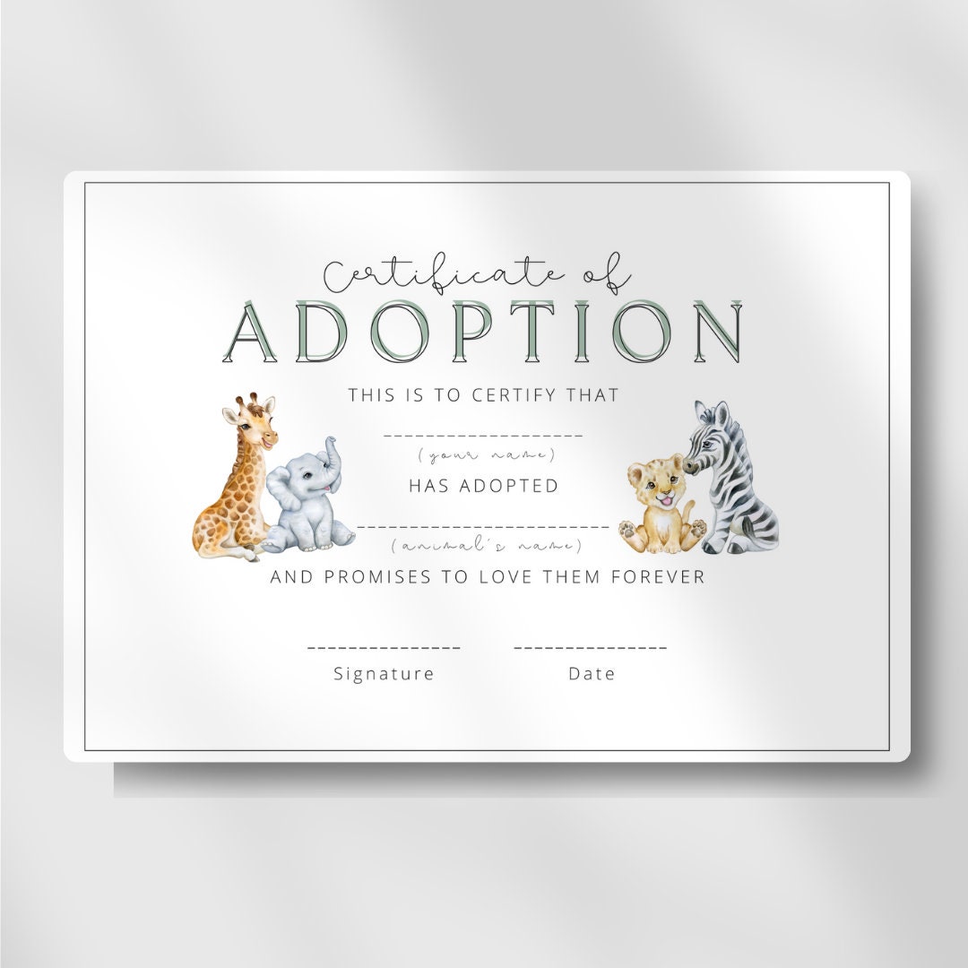 Wild One Safari Adopt an Animal Printable Poster and Certificates ...