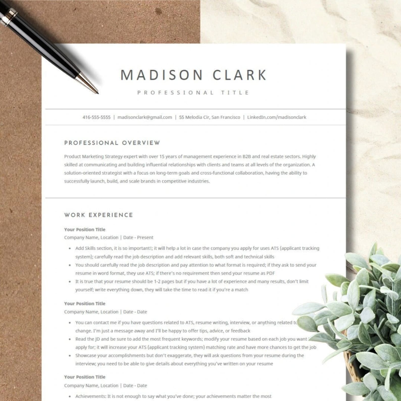 Minimalist Resume Template, Professional Modern Resume Template Word ...