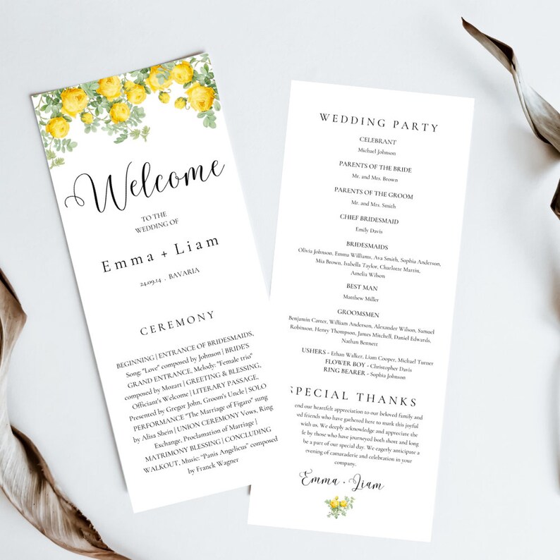Yellow Flowers Wedding Program Template, Instant Download, Printable ...