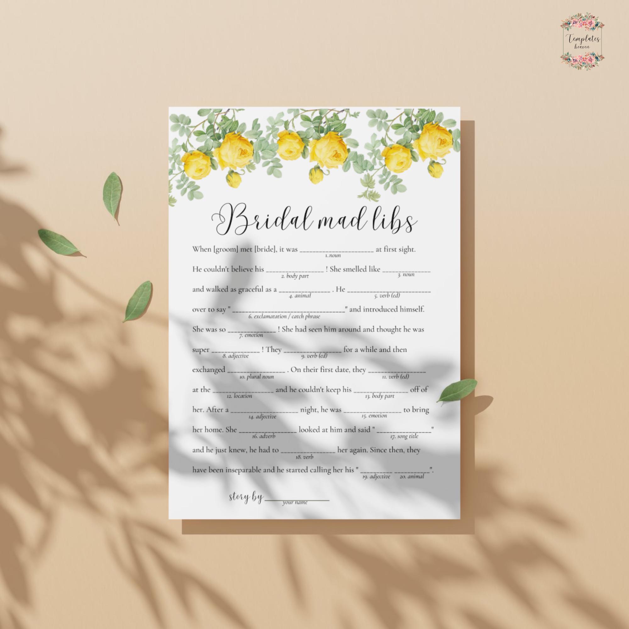 Bridal Mad Lib Game Printable, Yellow Flowers Bridal Shower Game With ...