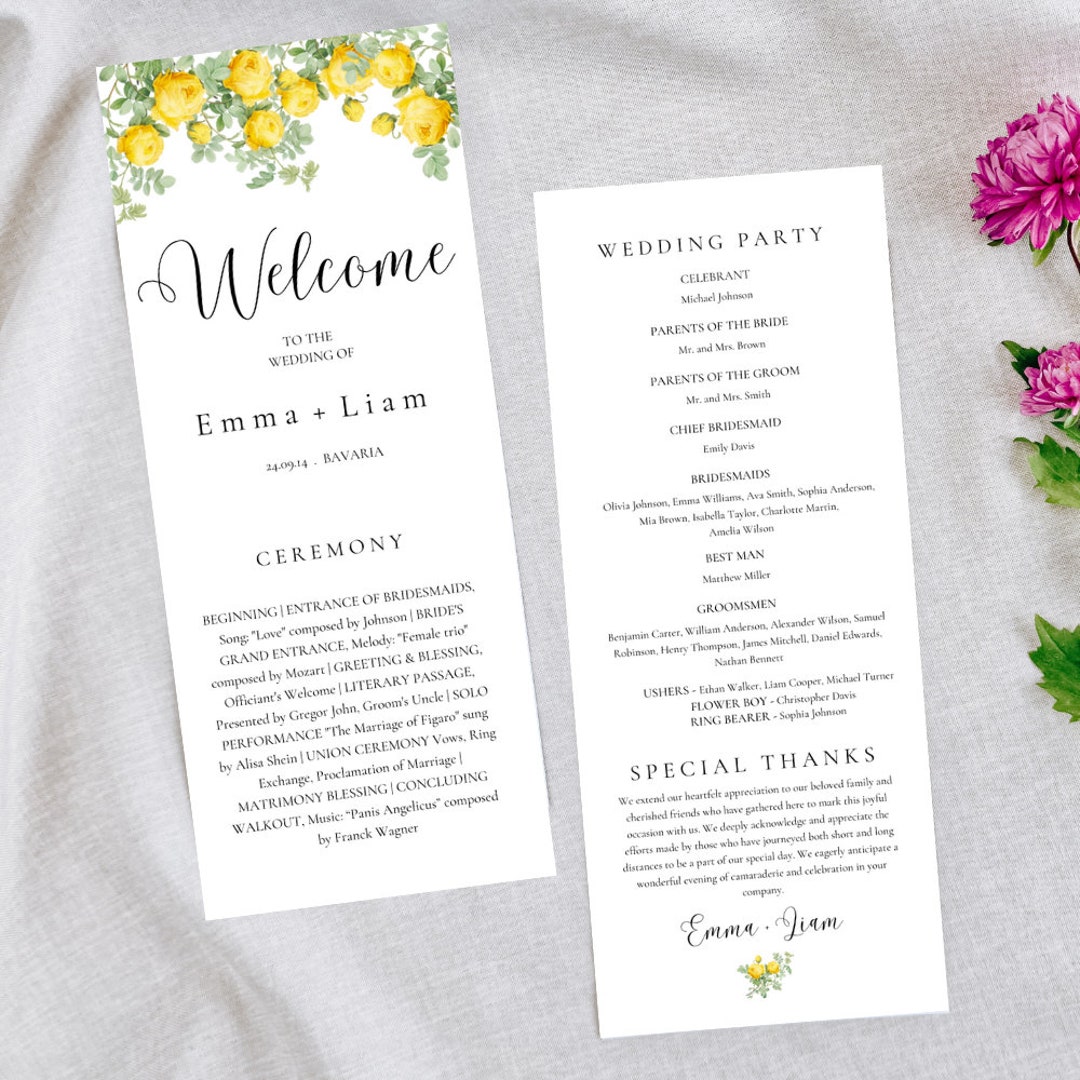 Yellow Flowers Wedding Program Template, Instant Download, Printable ...