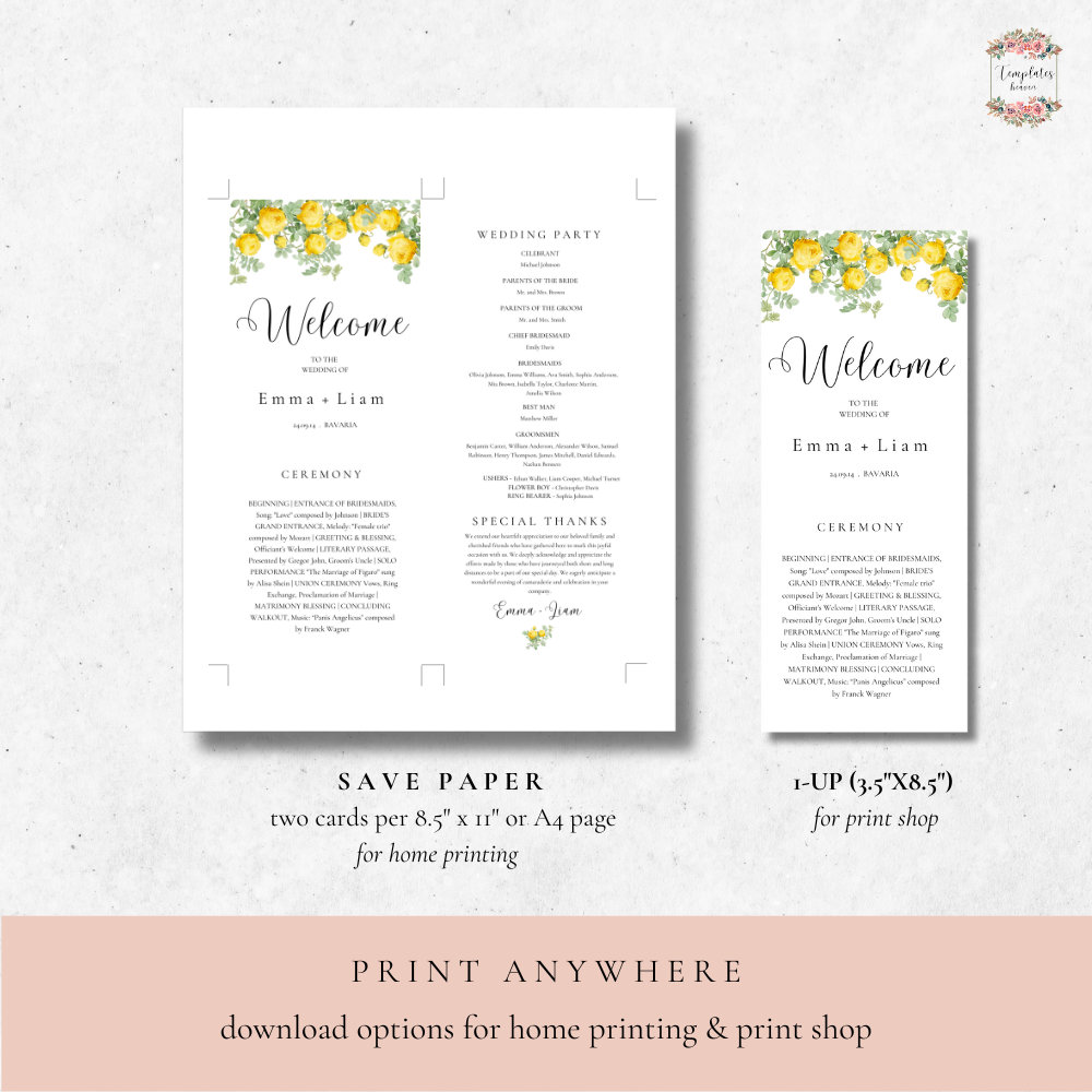 Yellow Flowers Wedding Program Template Instant Download - Etsy