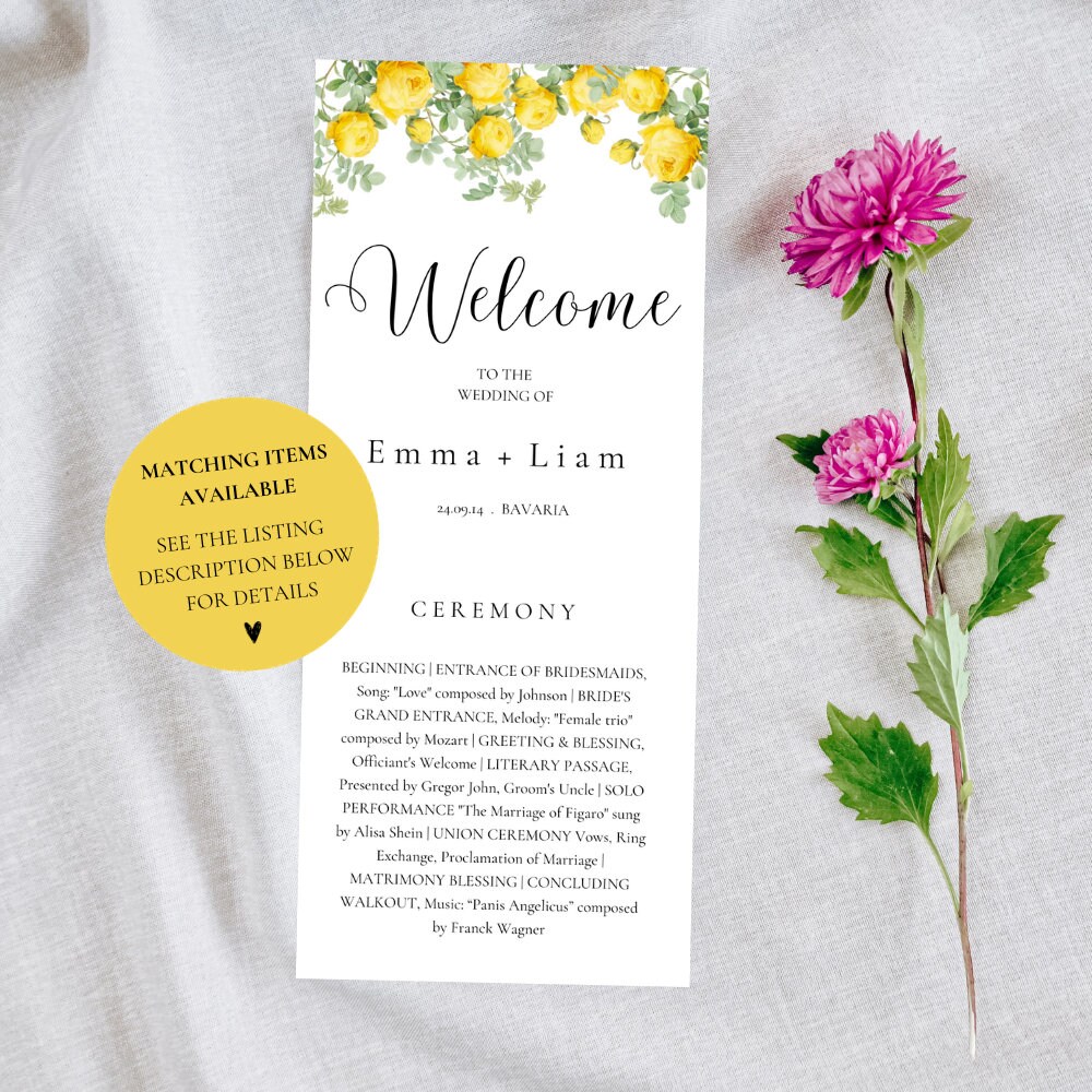 Yellow Flowers Wedding Program Template Instant Download - Etsy