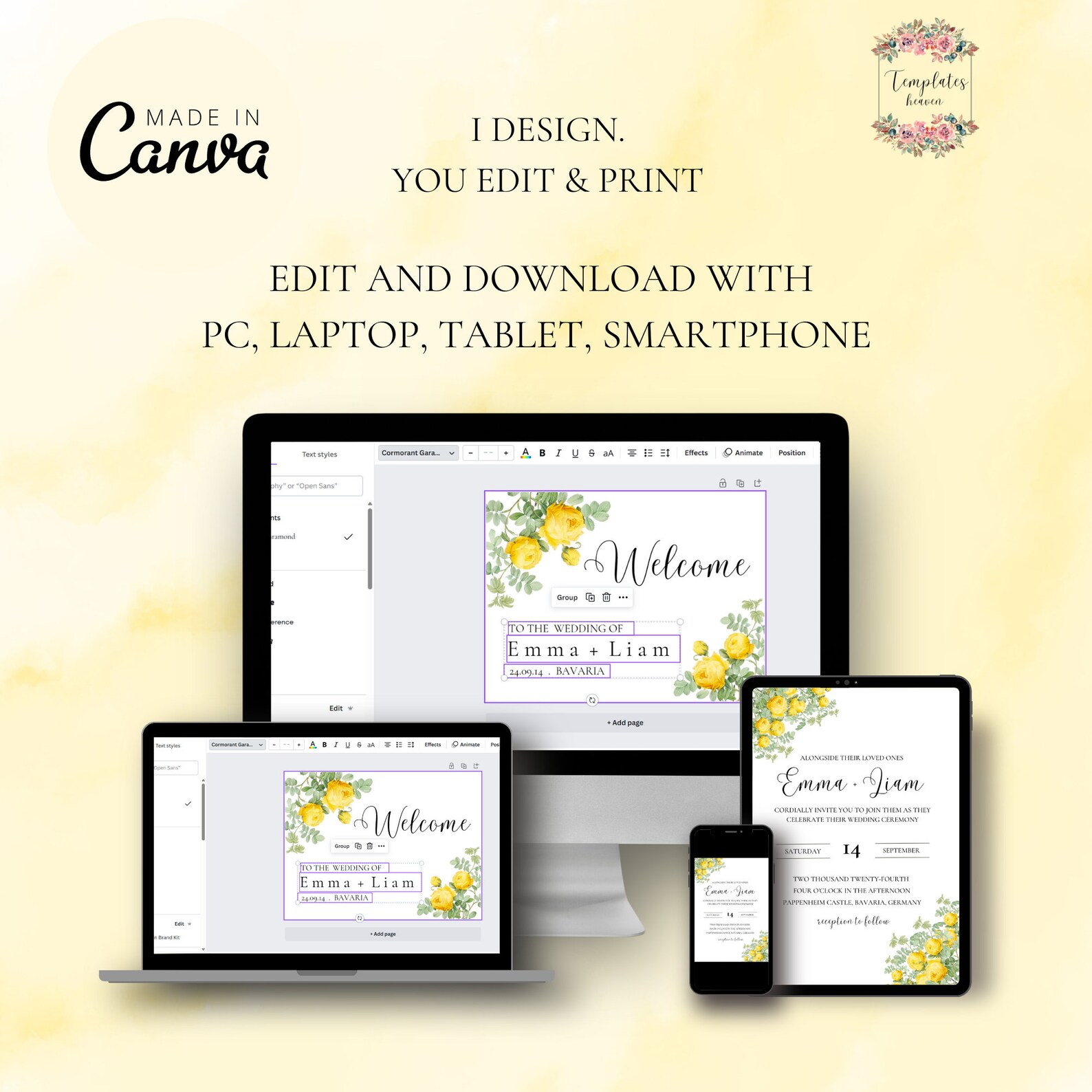 Yellow Flowers Welcome Sign, Printable Summer Flowers Wedding or Bridal ...