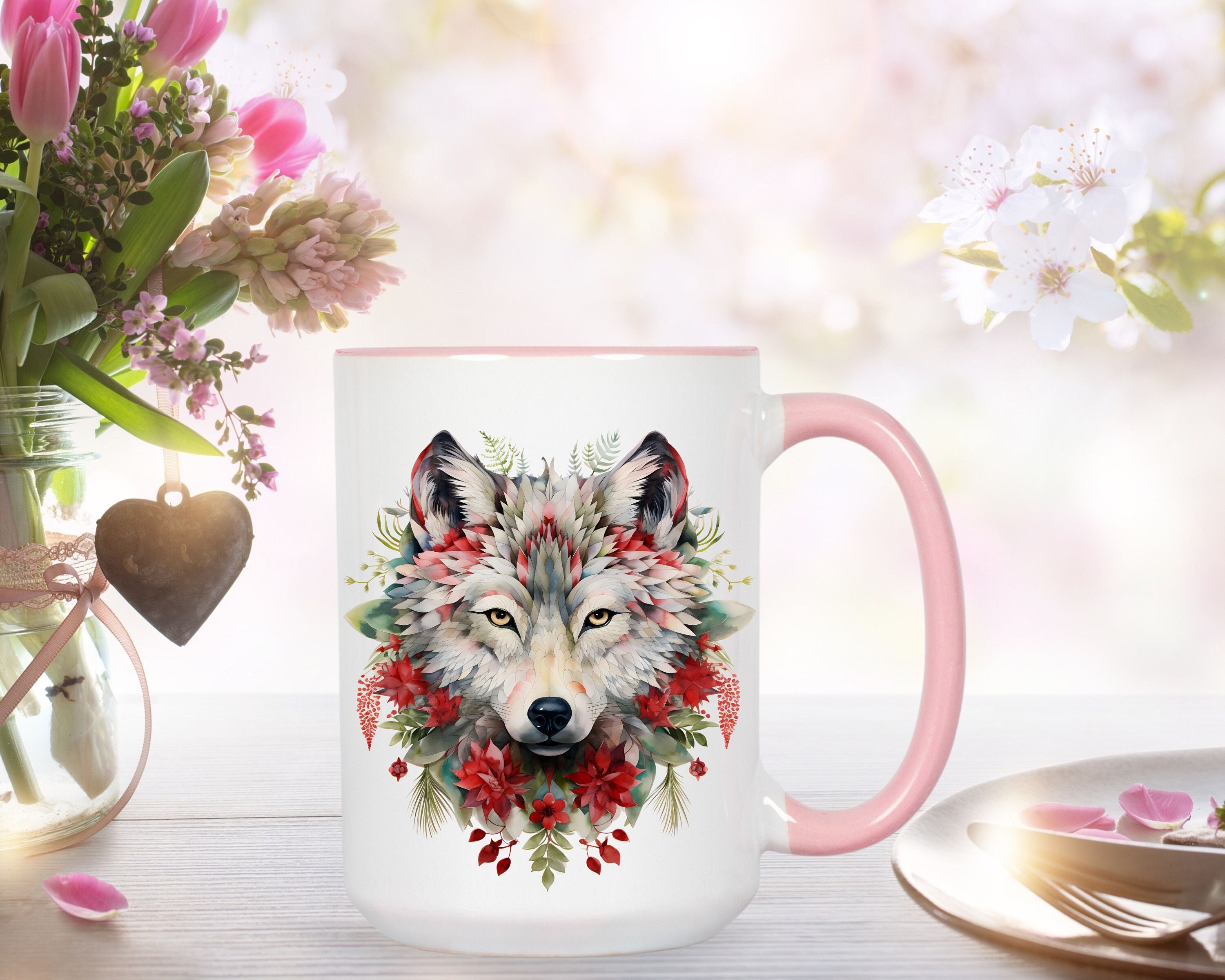 Wolf Mug, White and Pink Wolf Mug, Unique Wolf Design Mug, Wolf Cup ...