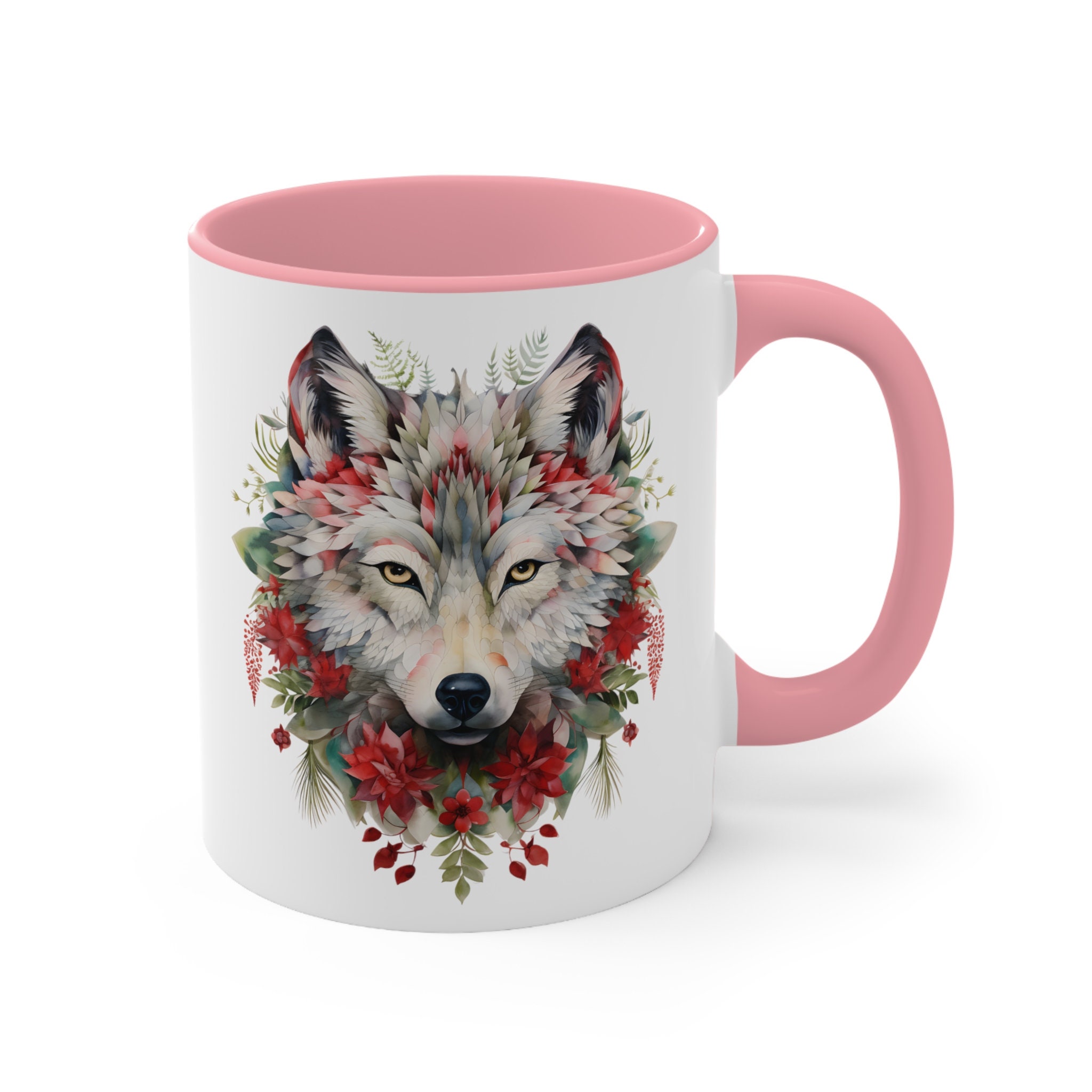 Wolf Mug, White and Pink Wolf Mug, Unique Wolf Design Mug, Wolf Cup ...