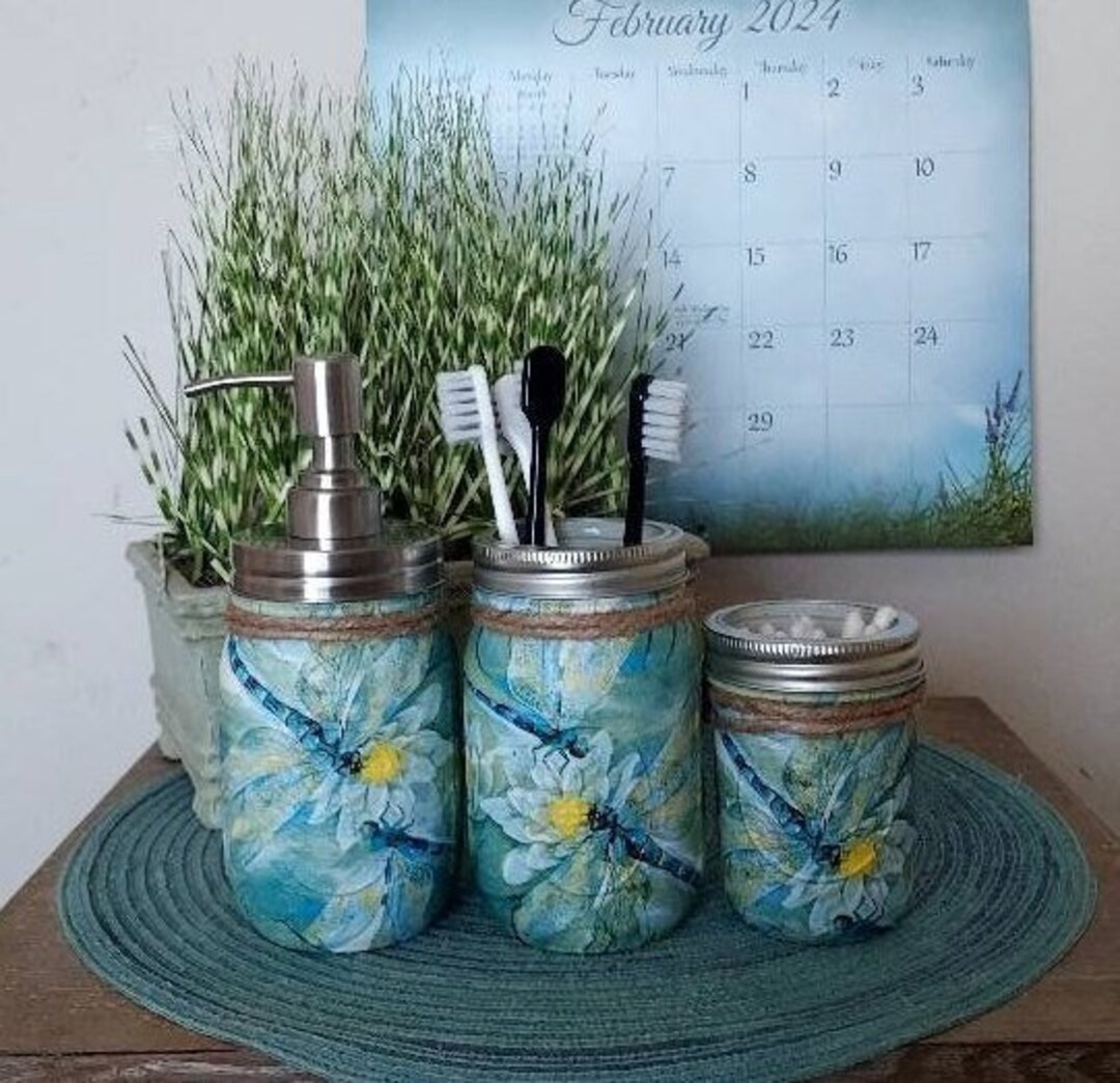 DRAGONFLY BATHROOM SET, Dragonfly Soap Dispenser, Dragonfly Mason Jar, Dragonfly Decor ...