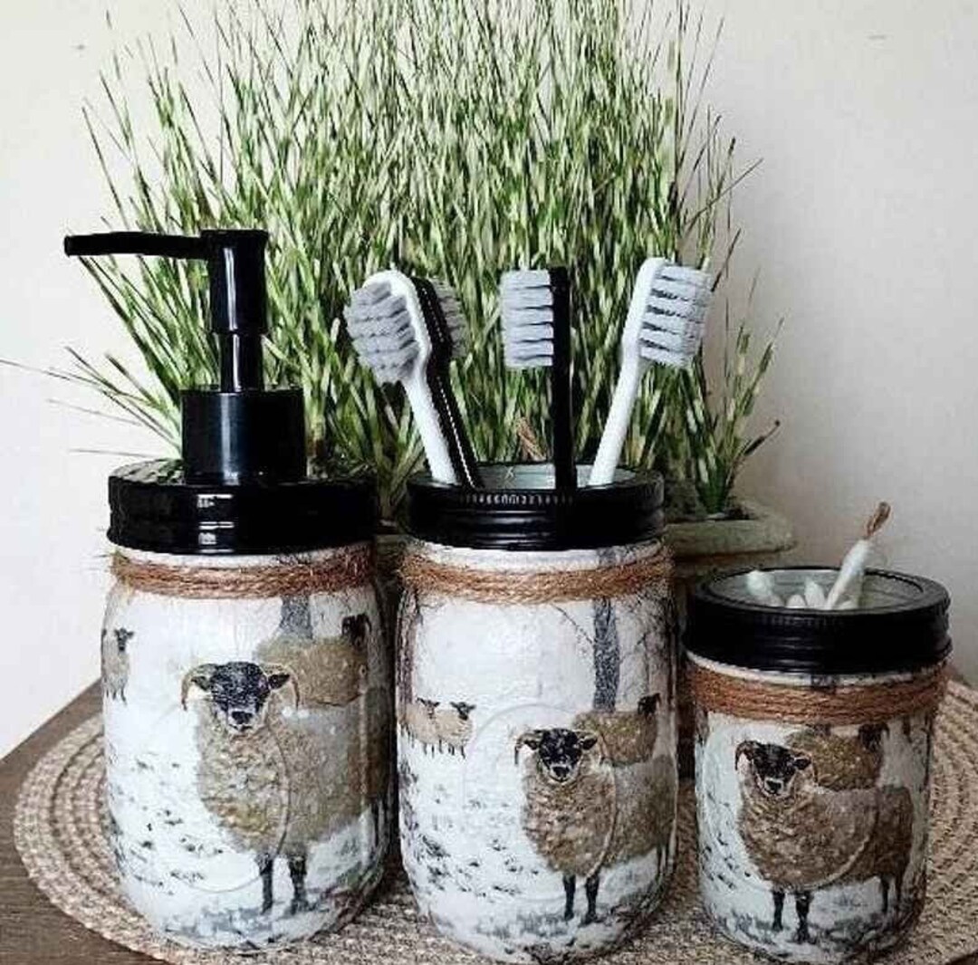 SHEEP BATHROOM SET, Sheep Canister Set, Sheep Mason Jar Decor, Sheep ...