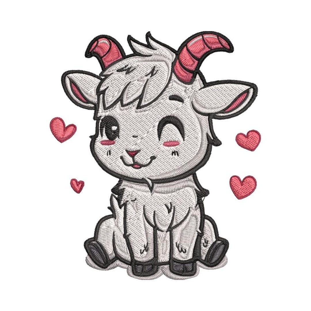 Baby Goat Embroidery Design, Kawaii Farm Animal Pattern, Winking With ...