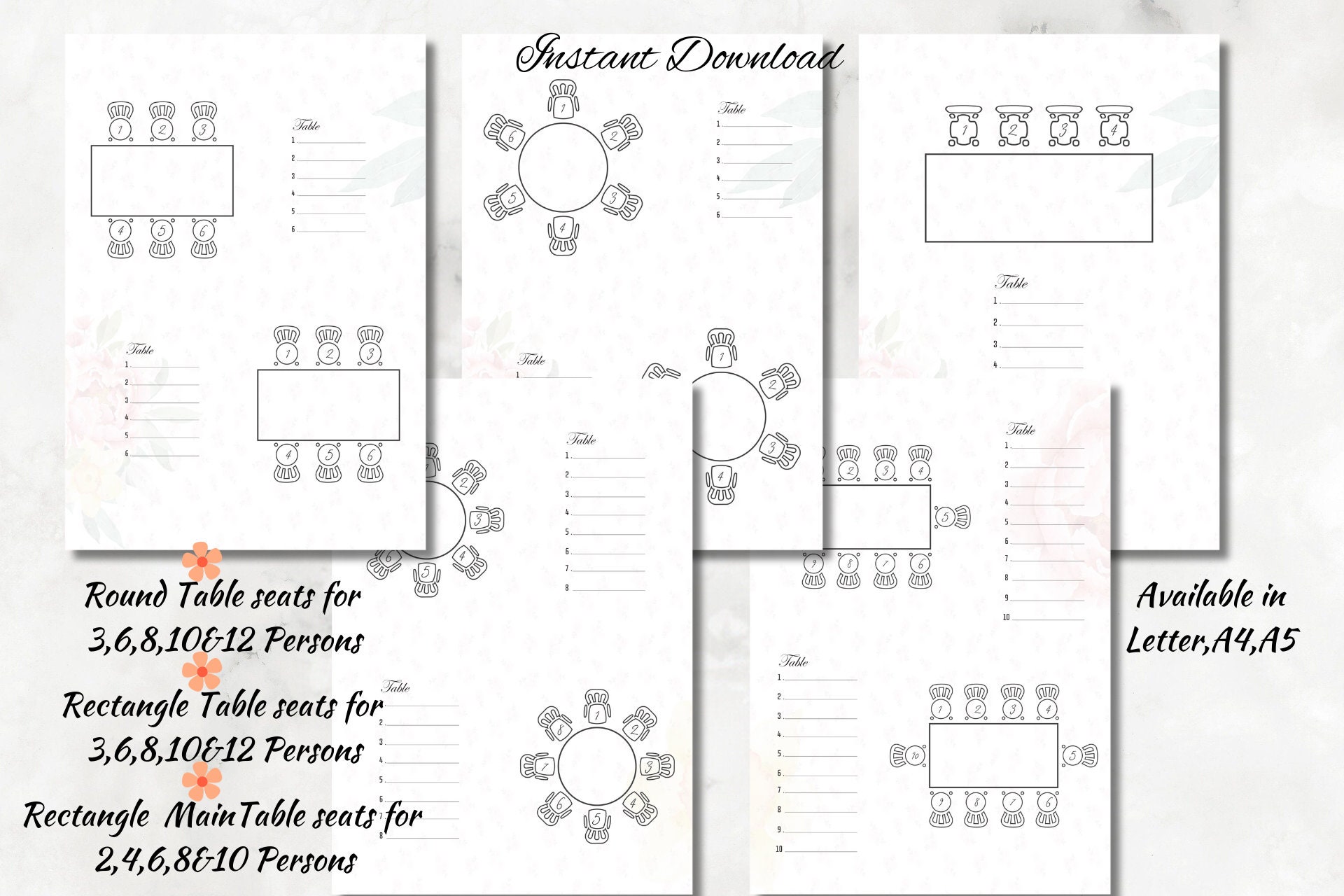 Wedding Table Charts Printable Wedding Reception Table Charts, 15 ...