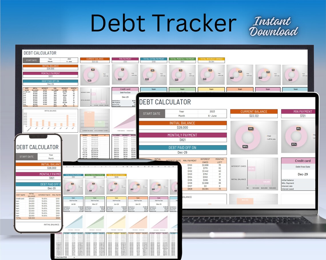 Debt Calculator and Tracker in Excel Format User Friendly Automated Debts Tracker for Financial ...
