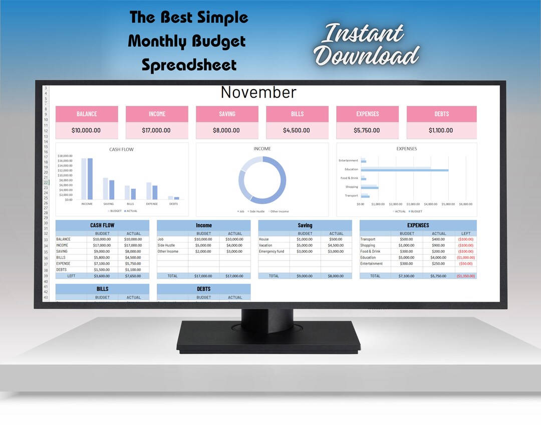 Monthly Budget Spreadsheet, Calculate Monthly Income and Expenses, User ...