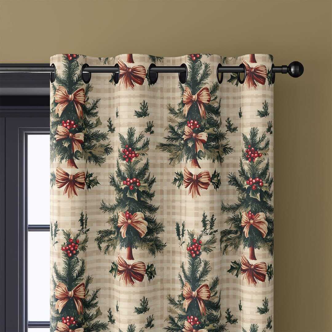Christmas Tree Curtains, Country Farmhouse Holiday Drapes With Rustic ...