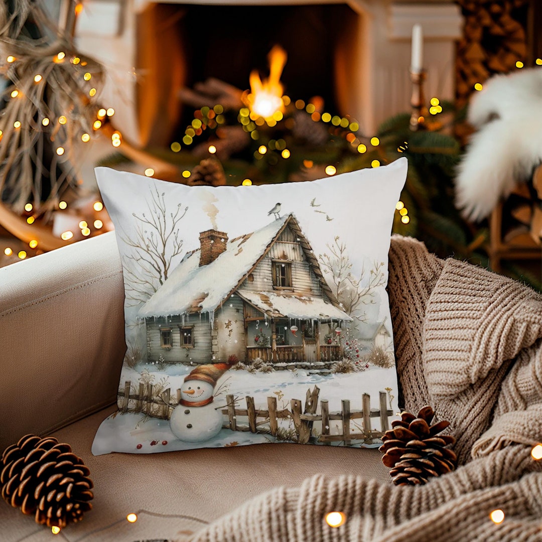 Winter Wonderland Pillow Cover, Snowman in Snowy Yard Cushion Cover ...