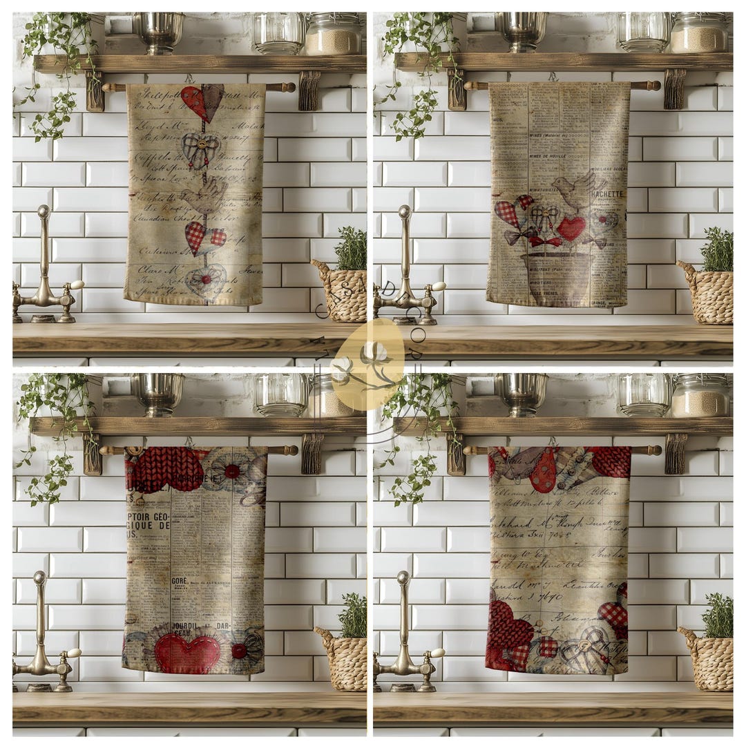 Vintage Heart Print Tea Towel – Charming Red and Cream Design, Perfect ...