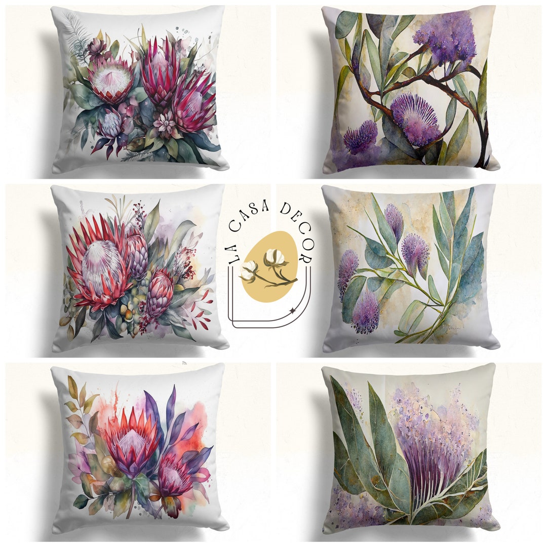 Elegant Botanical Flower Cushion Covers - Tropical Protea and ...