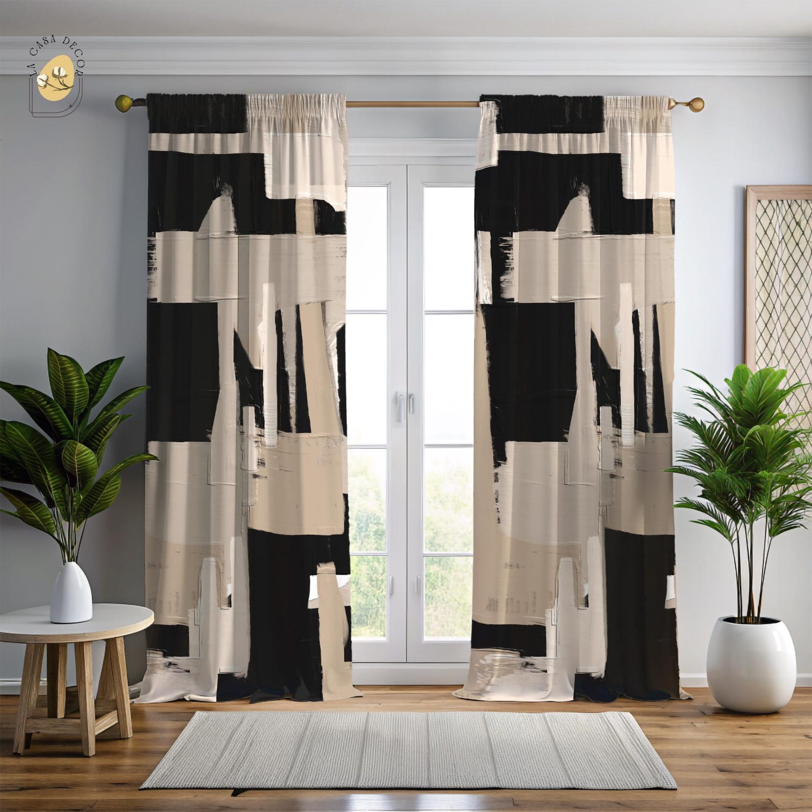 Beige and Black Abstract Brushstroke Curtains, Contemporary Minimalist ...