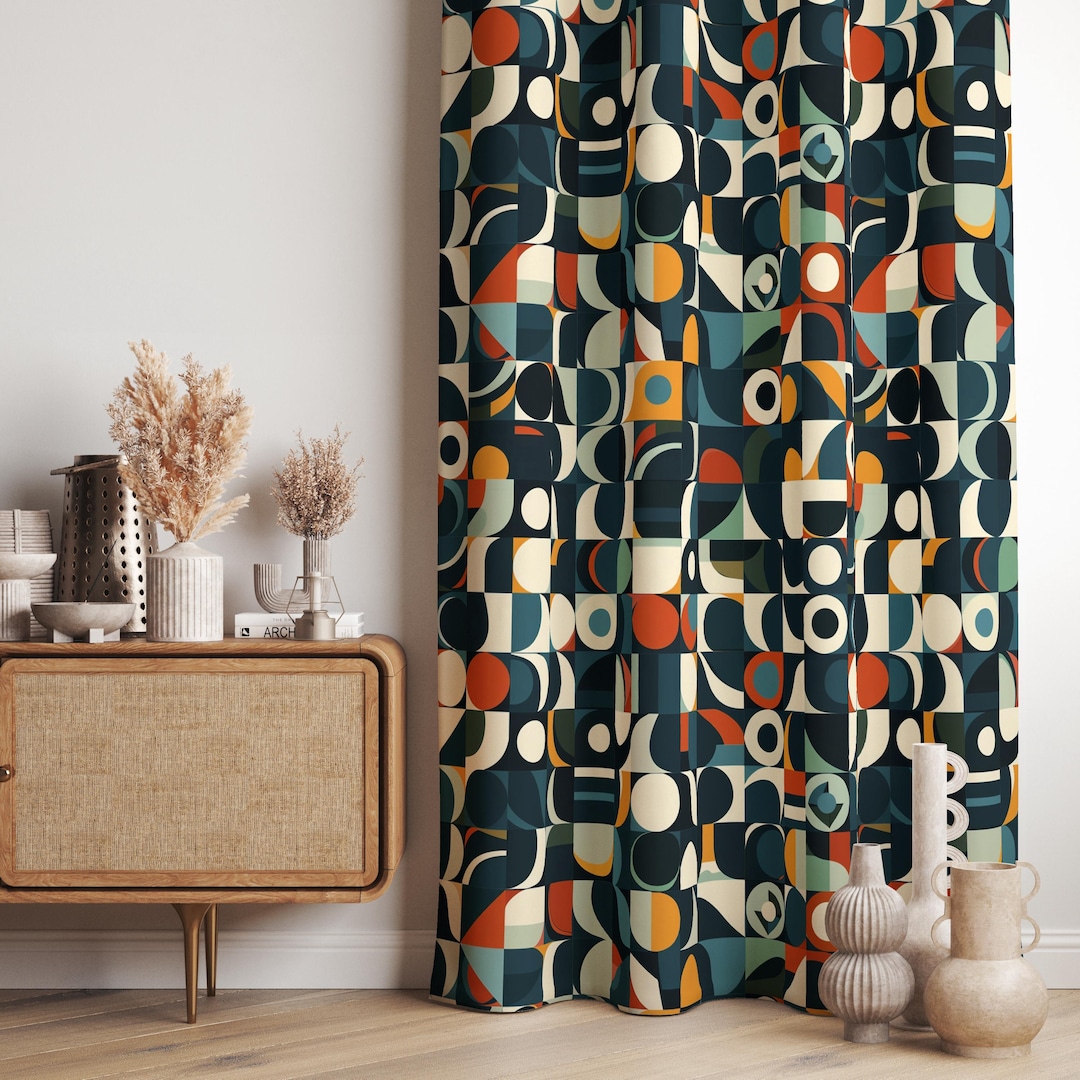 Retro Mid Century Modern Curtain, Colorful Vintage Geometric Panel ...
