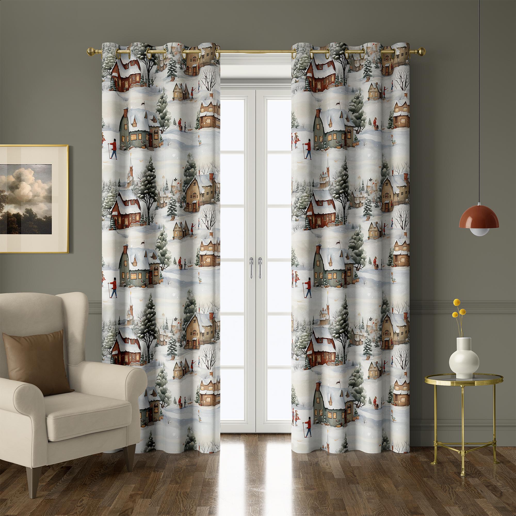 Winter Village Curtains, Country Farmhouse Scenic Drapes With Snowy ...