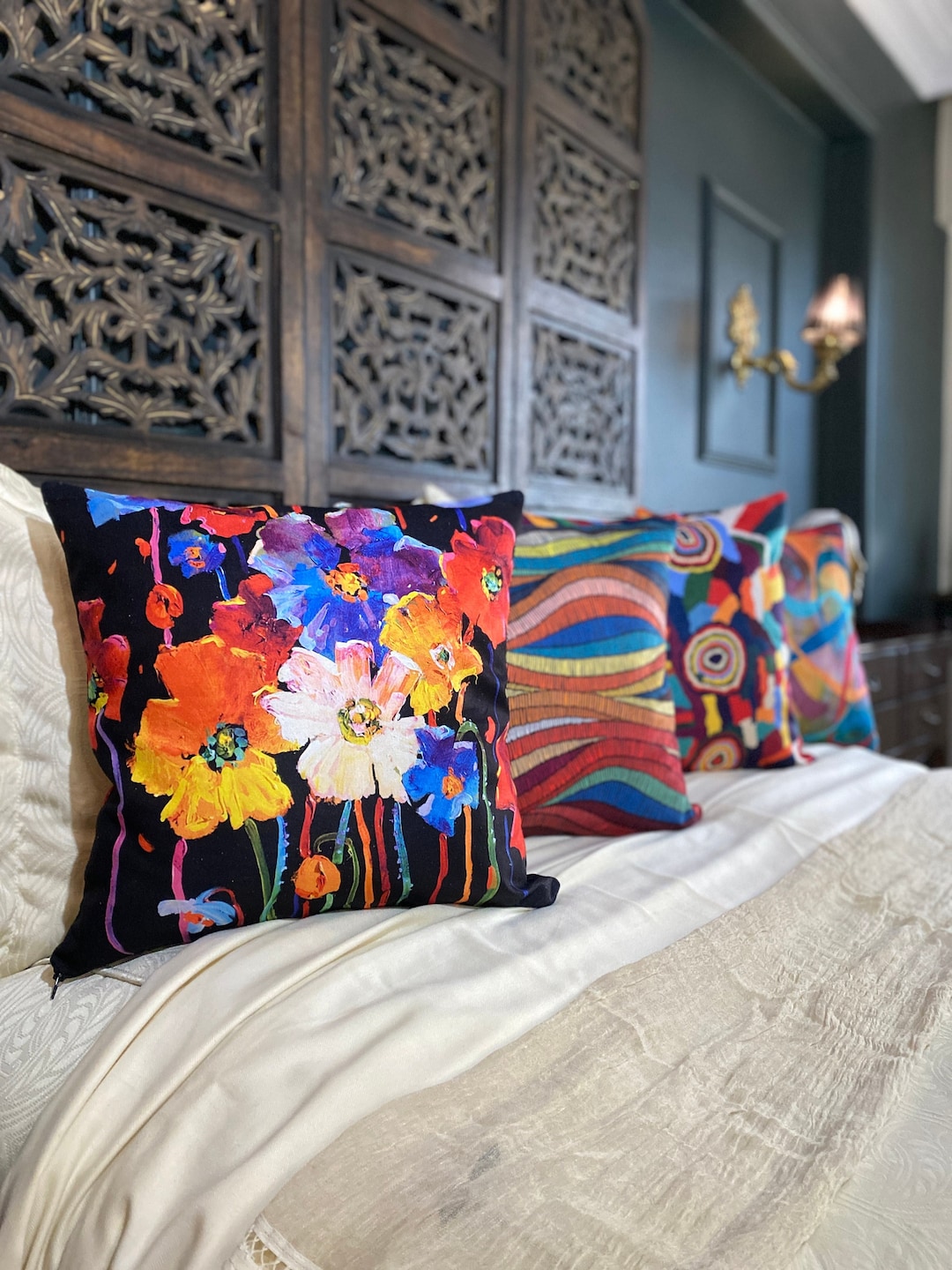 Colorful Floral Pillow Cover and Abstract Throw, Summer Cushions, Boho ...
