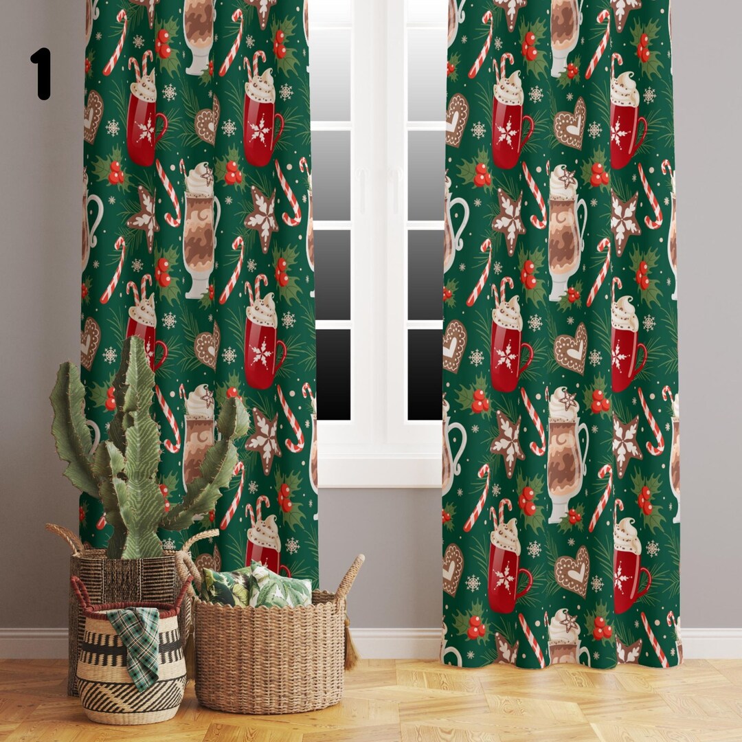 Festive Holiday Curtain Panel With Hot Cocoa, Candy Canes Gingerbread ...