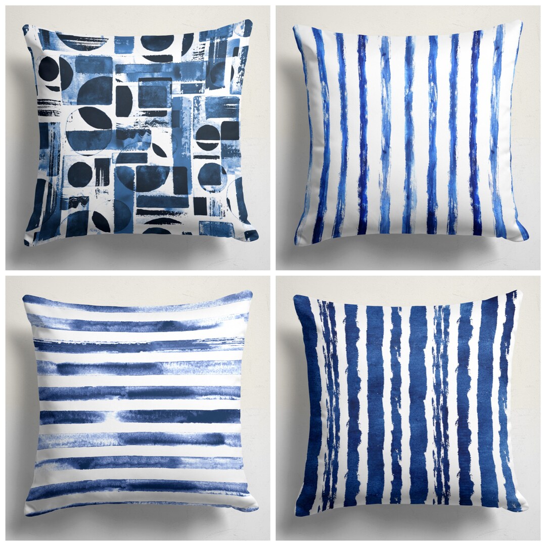 Indigo Blue Geometric Pillow Covers – Abstract Stripe Cushion Set in ...