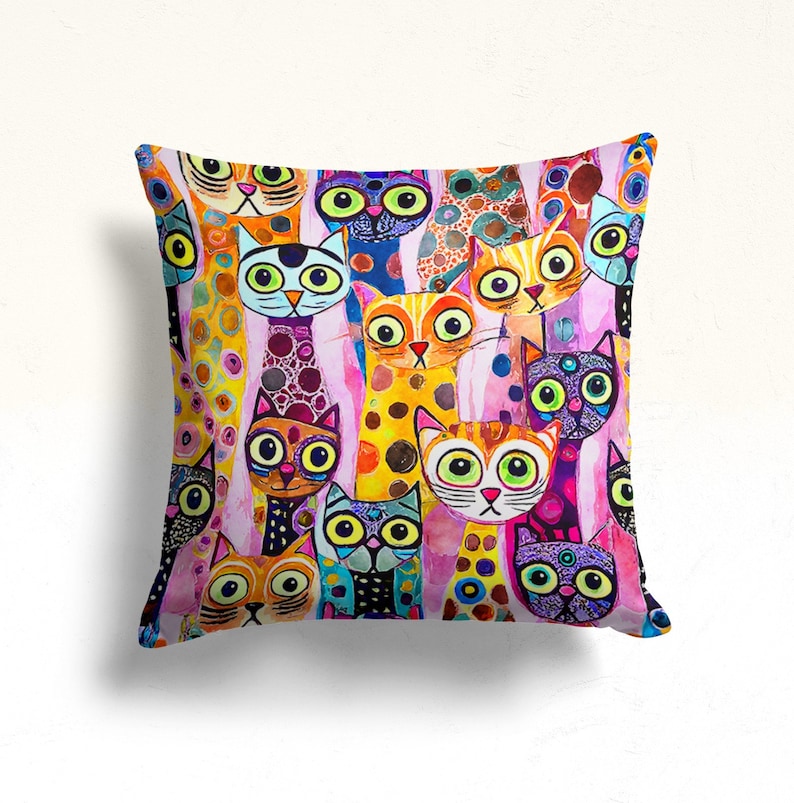 Colorful Cute Cat Cushion Cover, Boho Style Throw Pillow, Vibrant ...