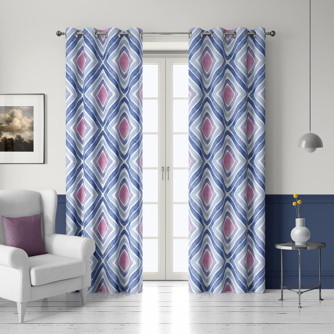 Indigo and Pink Diamond Pattern Curtains – Art Deco Style Geometric ...