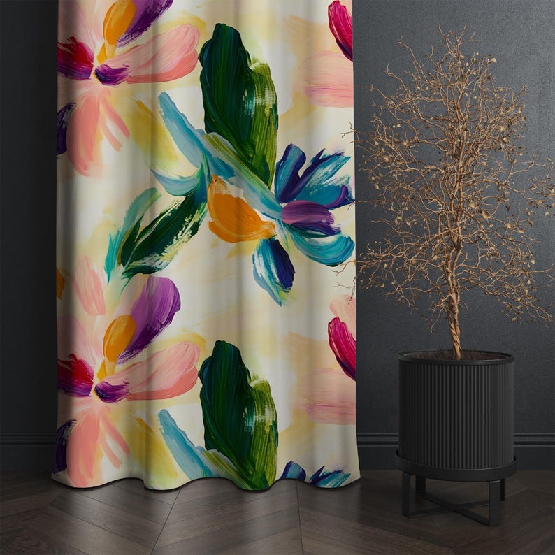 Colorful Floral Curtain, Bohemian Eclectic Large Brushstroke Flower ...