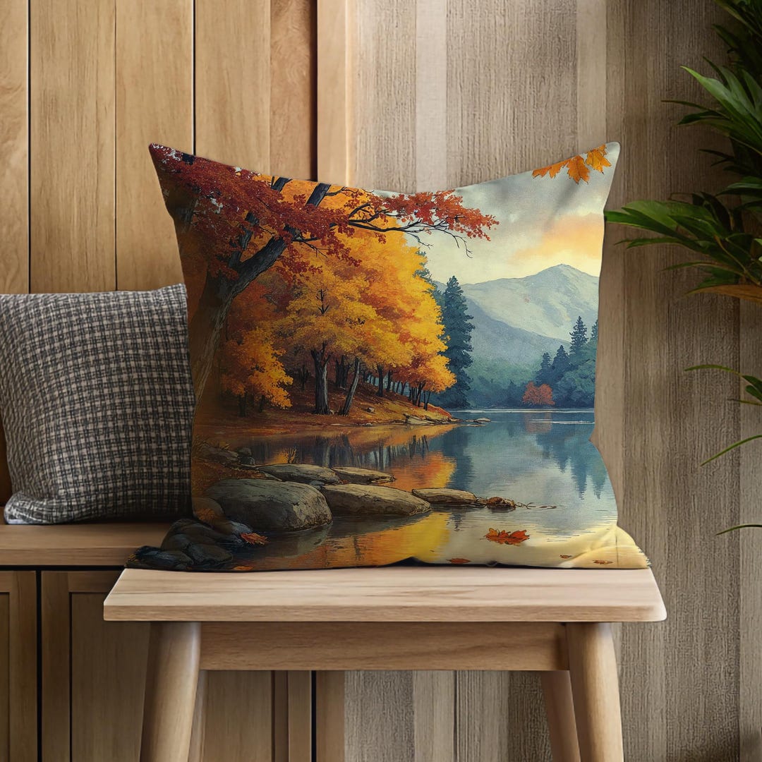 Mountain Lake Autumn Pillow Cover, Rustic Fall Landscape Cushion With ...