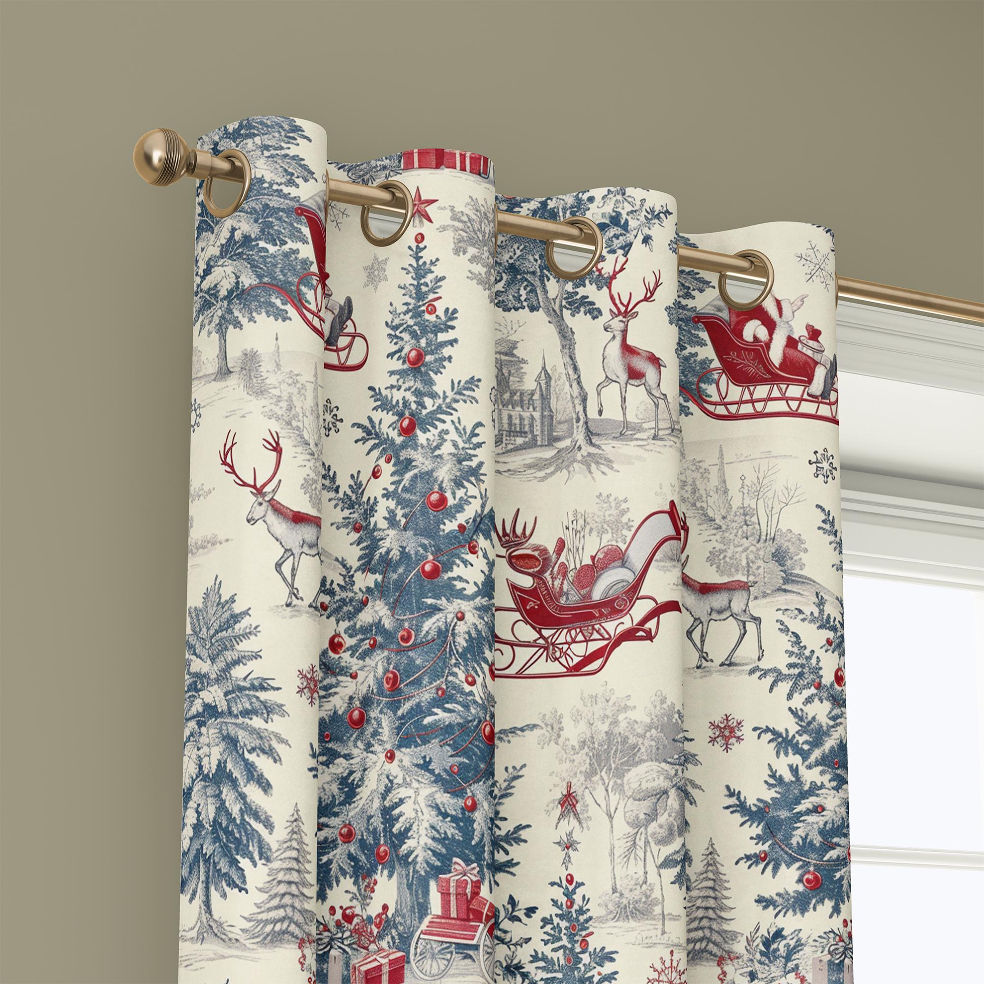 Red and Blue Toile Christmas Curtains, Santa Sleigh Holiday Drapes for ...