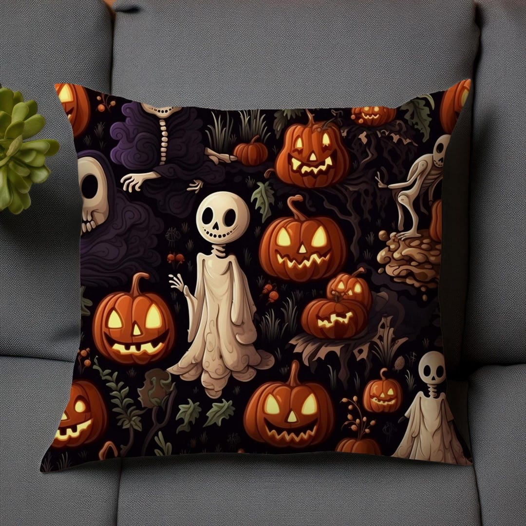 Dark Halloween Ghost and Skeleton Cushion Cover – Spooky Pumpkin Decor ...