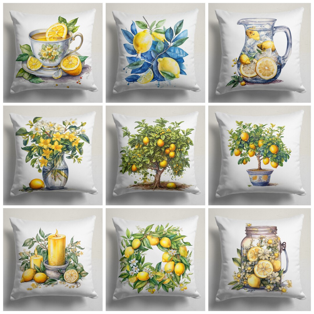 Lemon Watercolor Pillow Covers, Citrus Home Decor, Fresh Lemon Tree ...