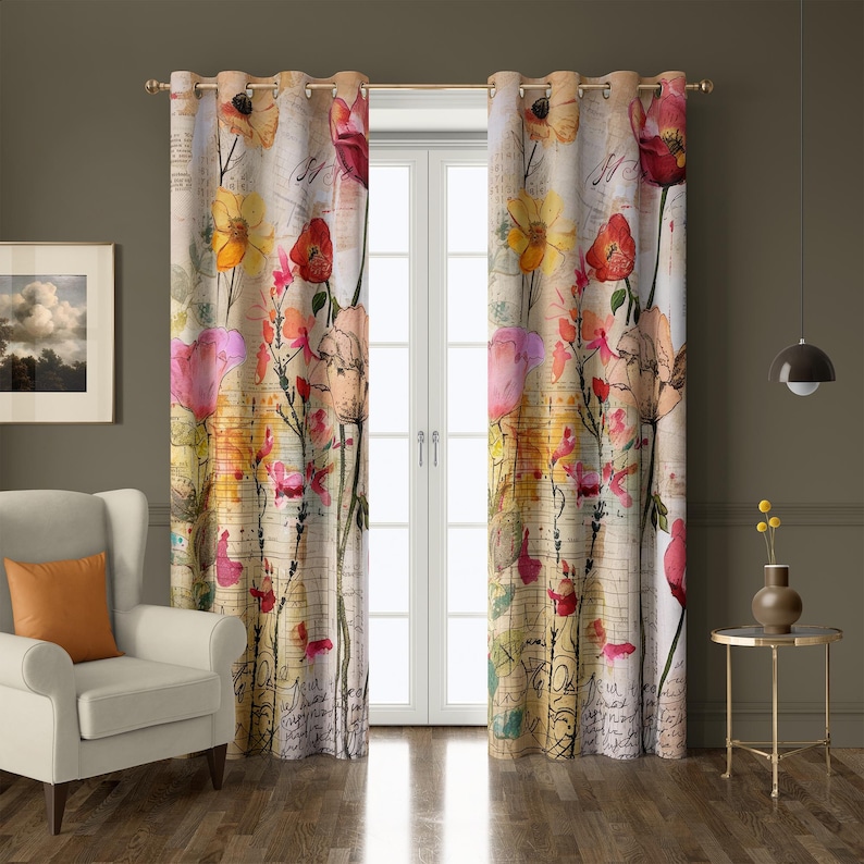Multicolor Bohemian Floral Curtains With Watercolor Wildflowers ...