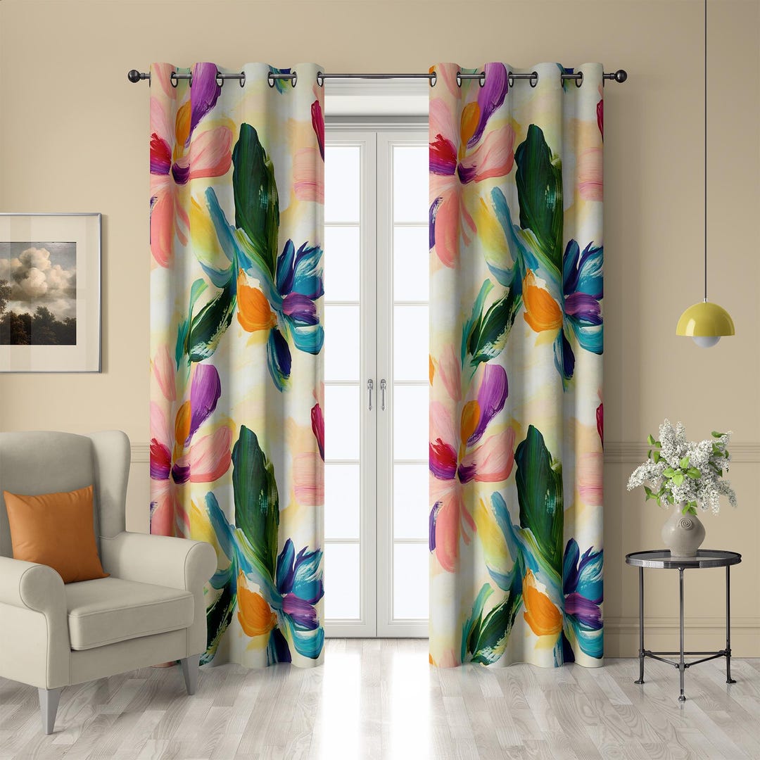 Colorful Floral Curtain, Bohemian Eclectic Large Brushstroke Flower ...