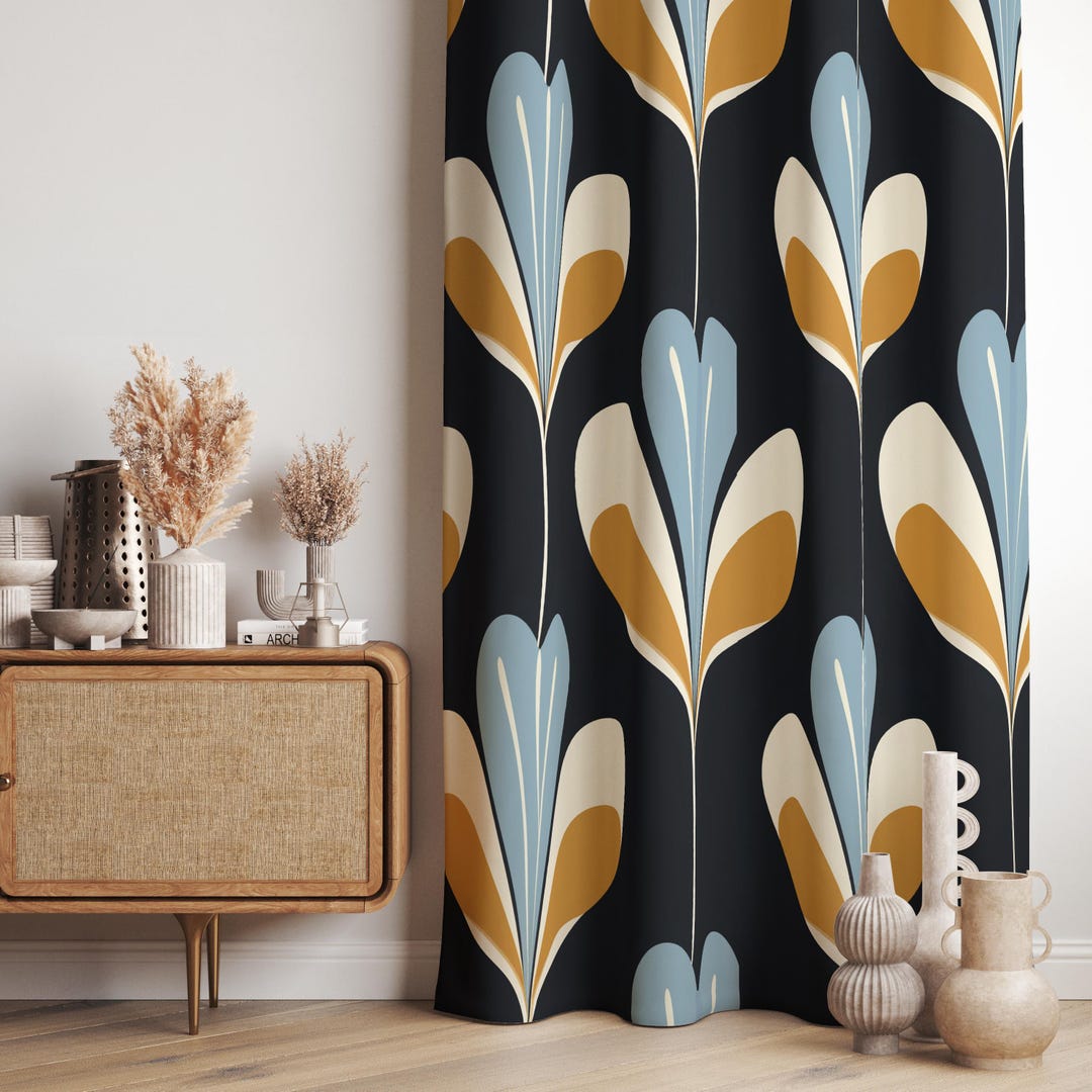 Mid Century Modern Curtain, Geometric Pattern Panel Curtain, Stripe ...