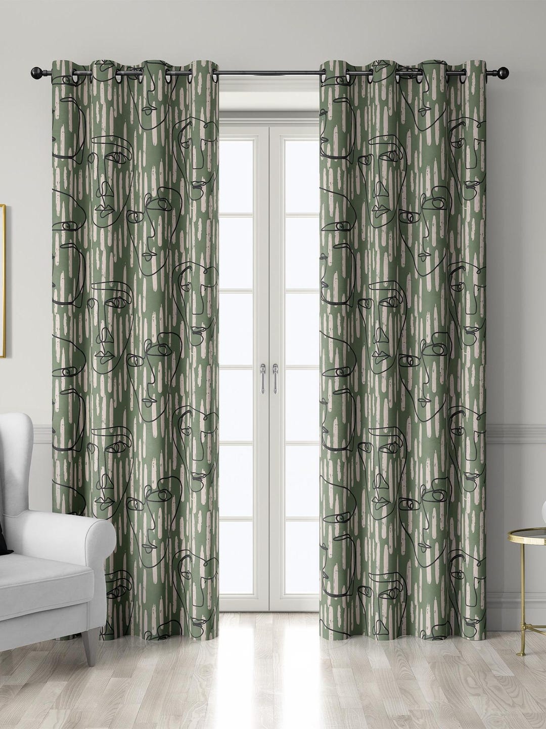 Green Abstract Face Pattern Curtains, Modern Contemporary Drapes for ...