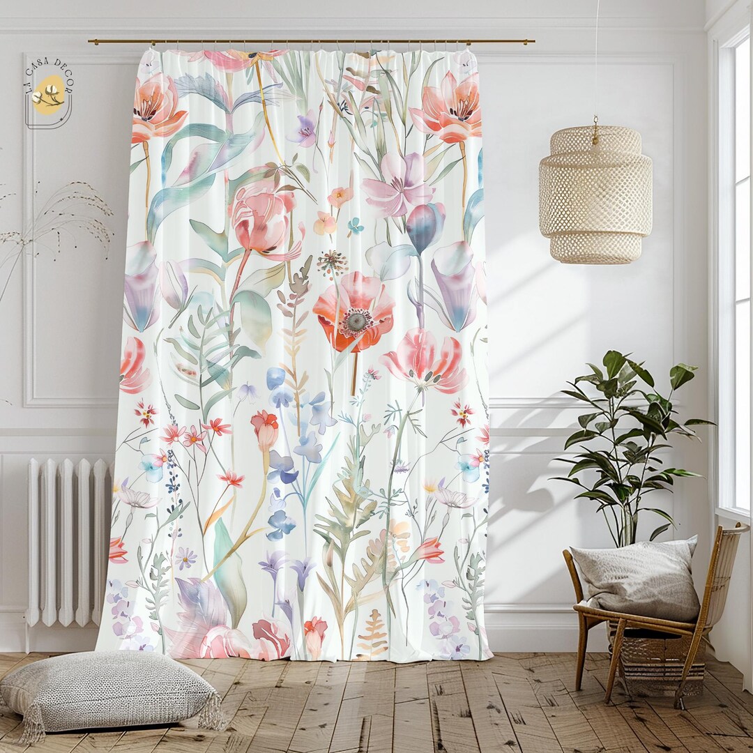 Soft Watercolor Floral Curtains, Cottagecore Botanical Drapes With ...