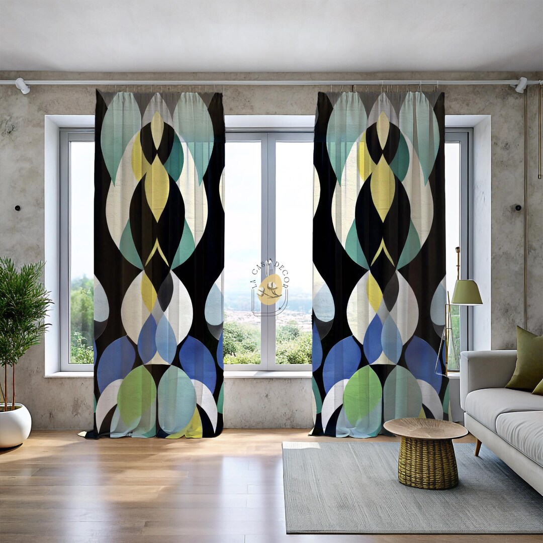 Retro Geometric Pattern Curtains, Abstract Modern Drapes, Mid-century ...