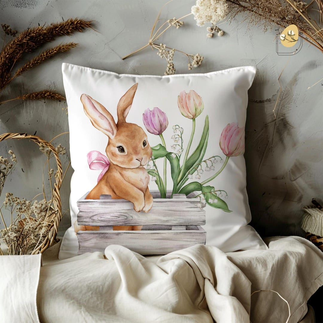 Easter Bunny Cushions With Floral Designs - Watercolor Bunny Pillows ...