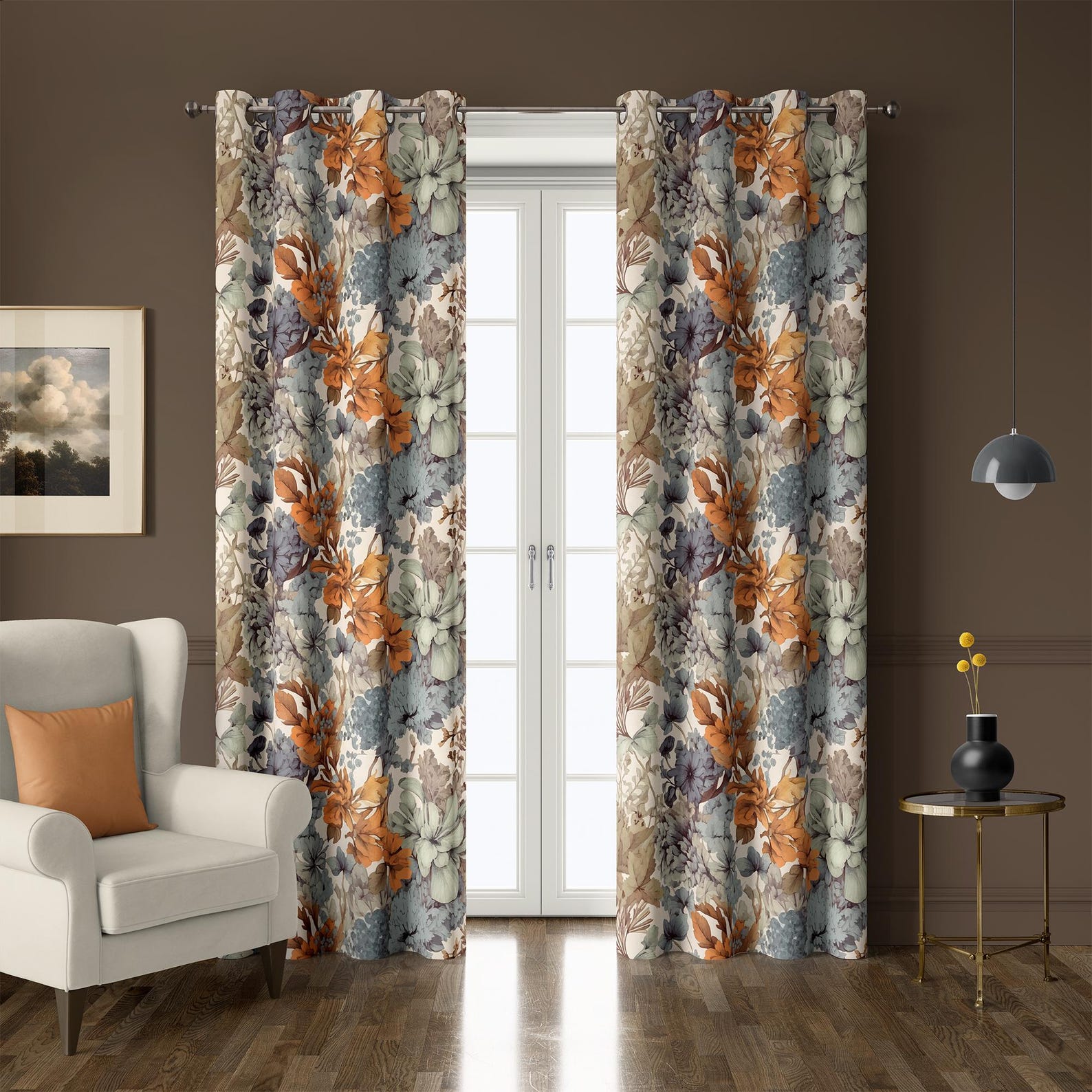 Rust Orange and Blue Floral Curtains, Vintage Botanical Drapes for ...
