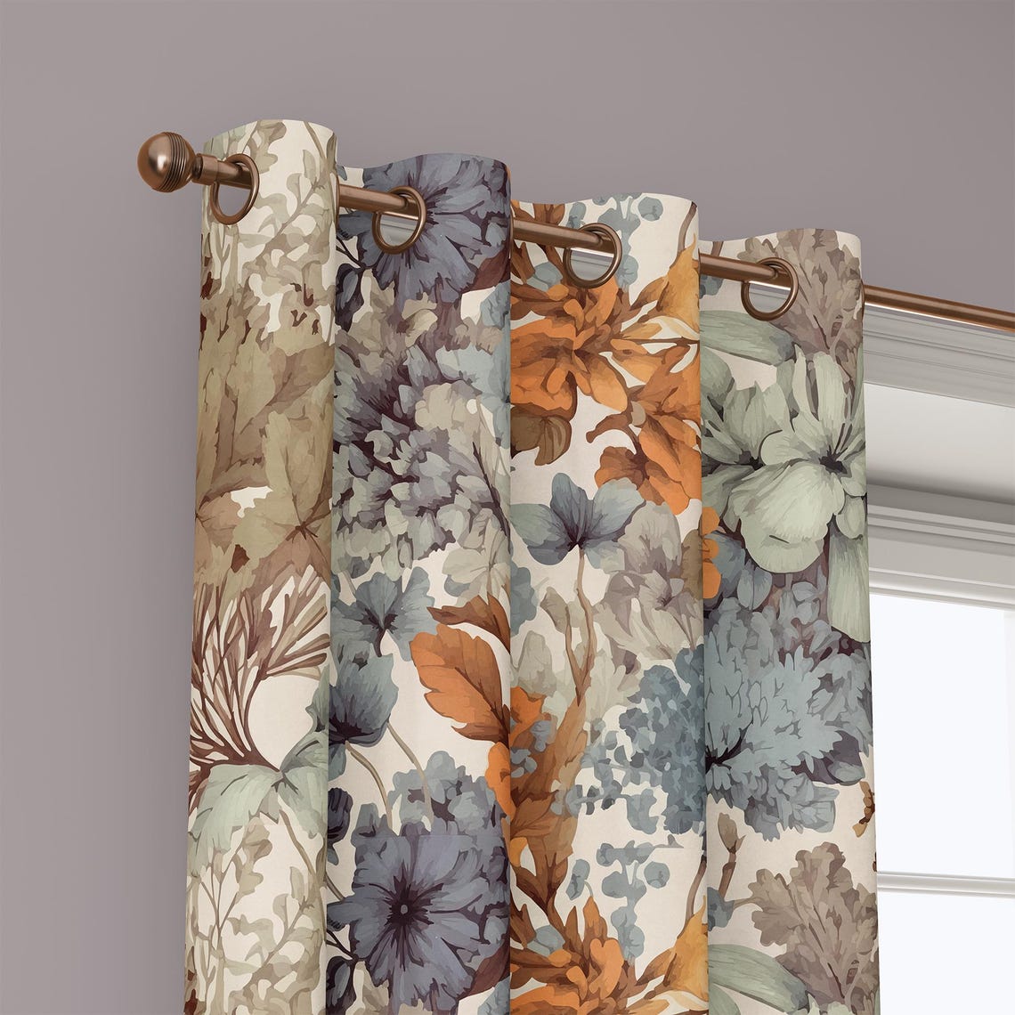 Rust Orange and Blue Floral Curtains, Vintage Botanical Drapes for ...
