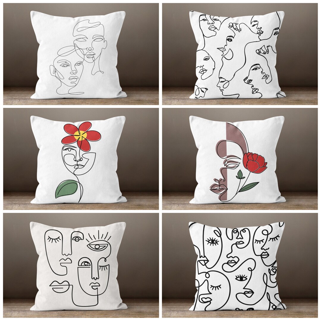 Abstract Line Art Pillow Covers, Face Outline Cushion, Minimalist ...